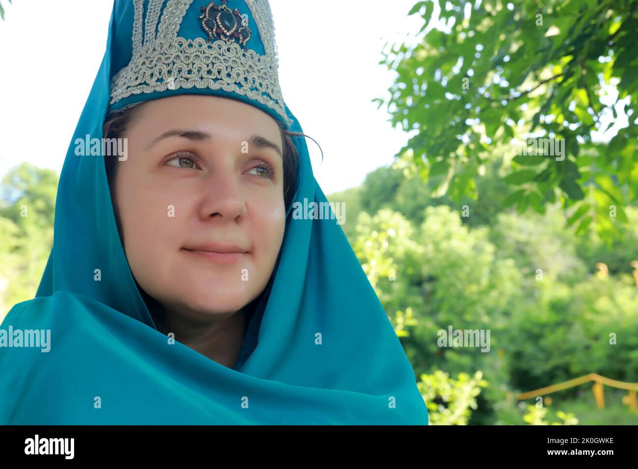 Woman in traditional Adyghe clothes in Khadzhokh gorge, Adygea Stock ...