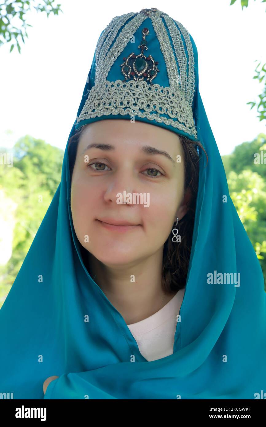 Woman posing in national Adyghe clothes in Khadzhokh gorge, Adygea ...