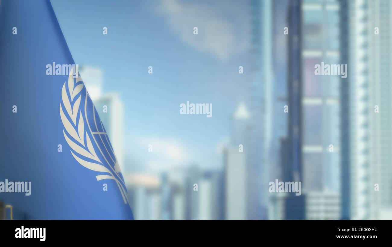 flag of United Nations (UN) on modern city buildings bokeh bg for ...