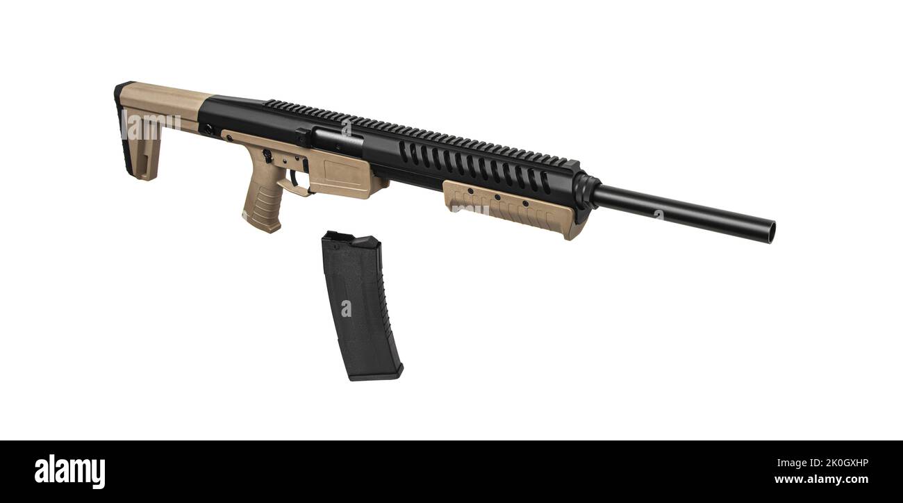 Pump-action 12 gauge shotgun isolated on a white background. A smooth ...