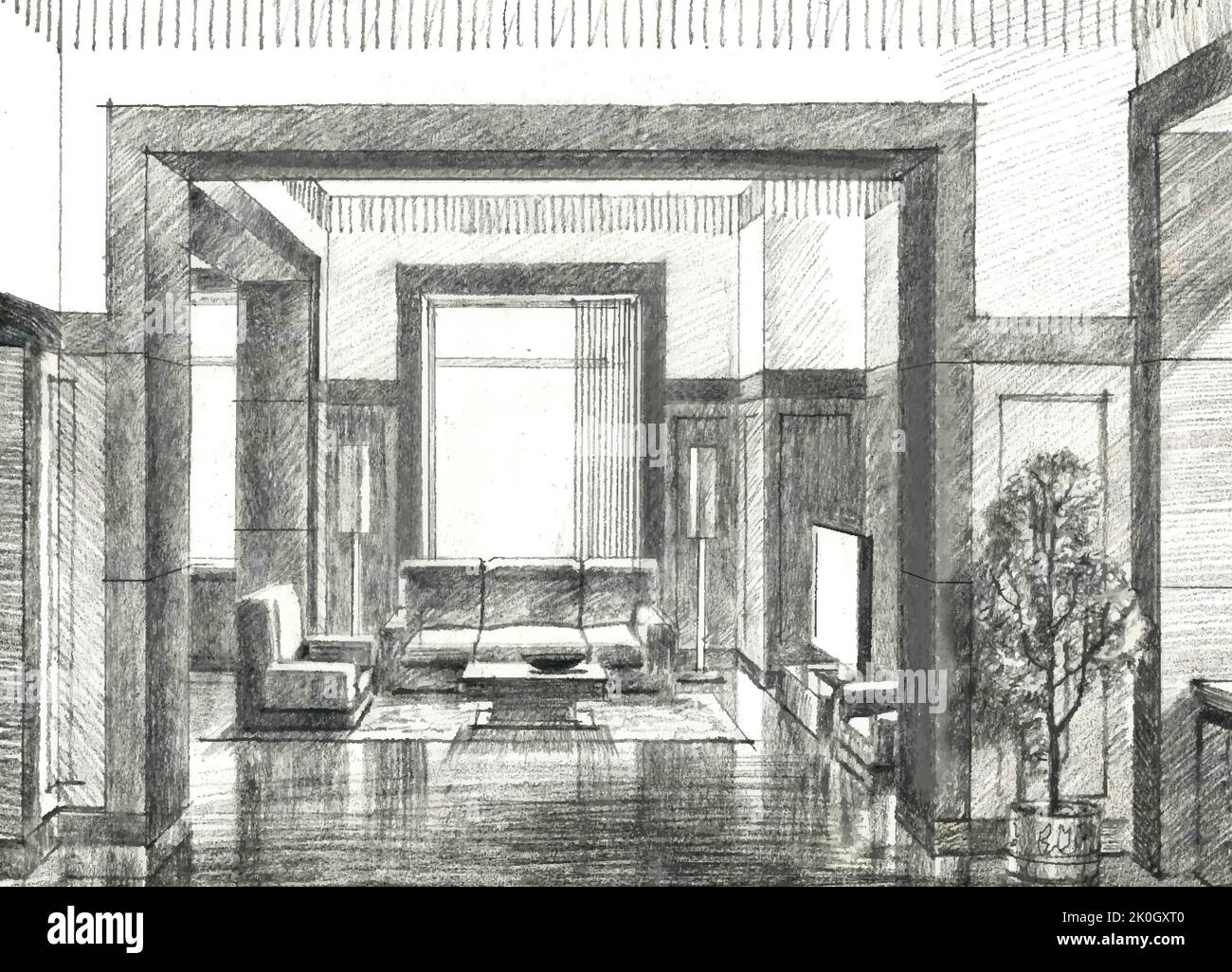 Pencil sketch of the interior of a public building. Hand drawing ...
