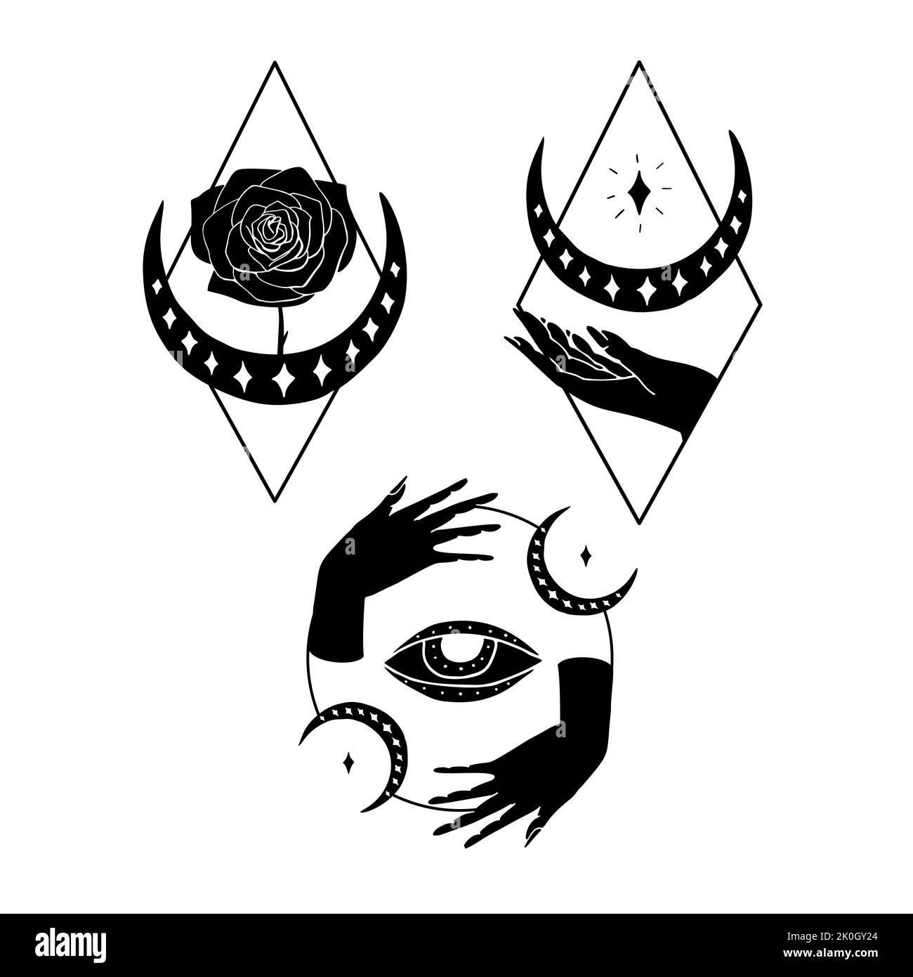 Set of black silhouettes of mystical hands with evil eye, moons and ...