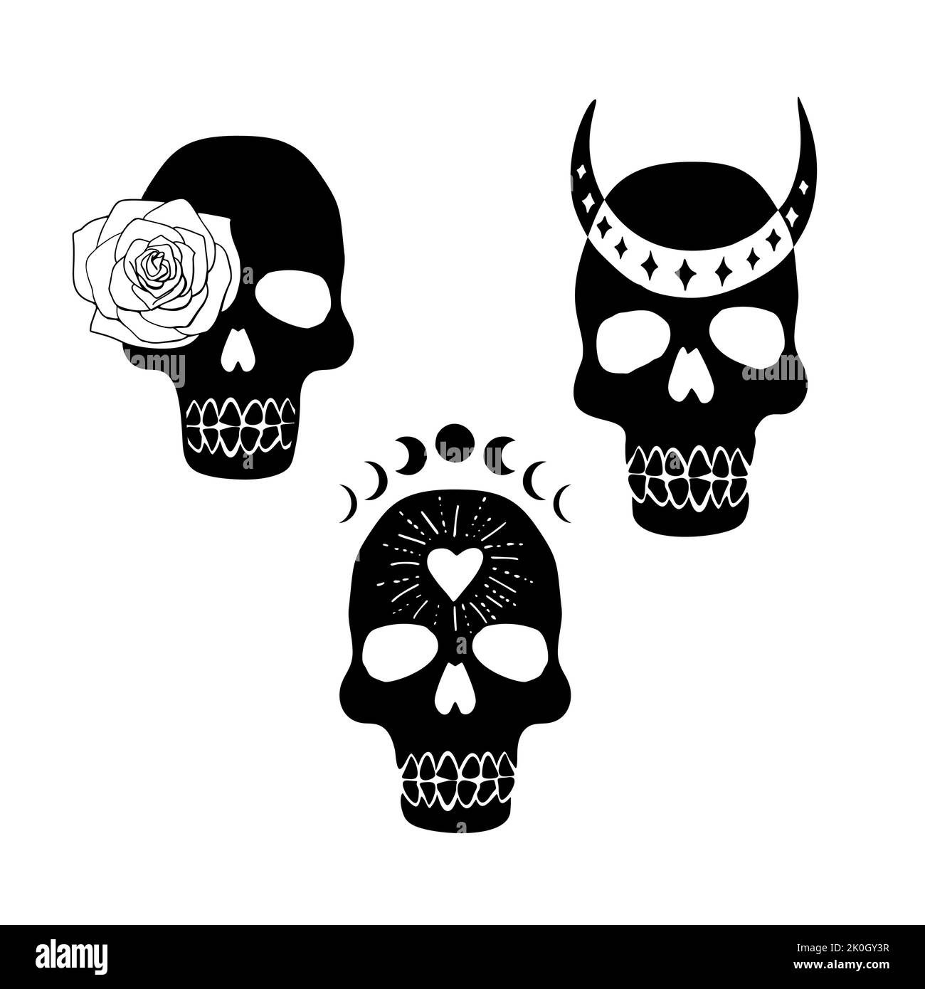 Set of black silhouettes of mystical skulls with heart, moon phases and ...