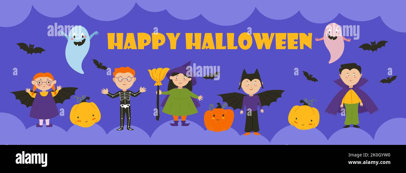 Children in costumes witches, vampire, death, ghosts, pumpkins and bats ...
