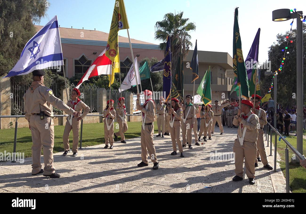 JAFFA, ISRAEL - SEPTEMBER 10: Members of the Arab Orthodox Scouts hold ...