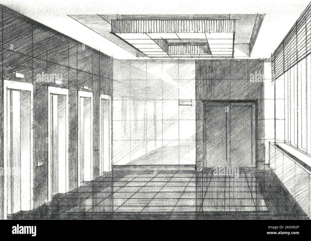 Pencil sketch of the interior of an elevator lobby Hand drawing, vector ...