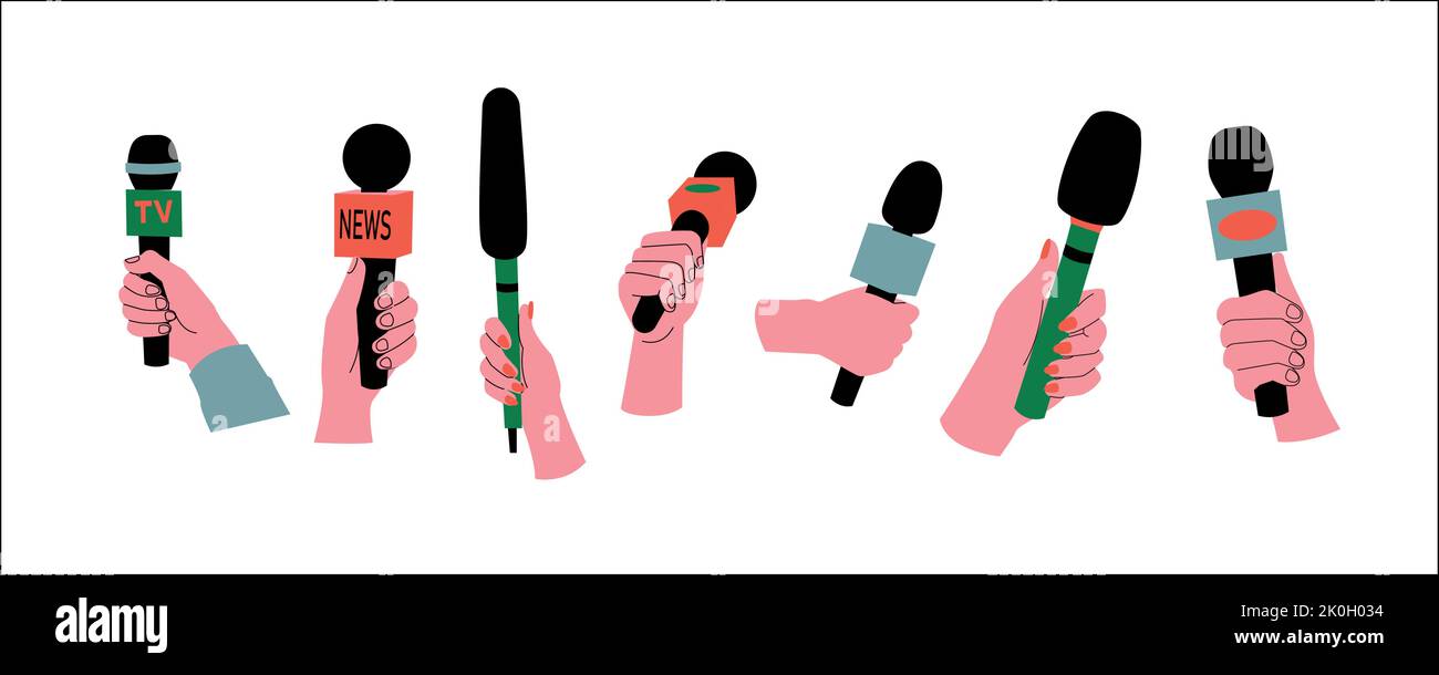 Hands holding microphone. Mass media reporters with mic recorder taking ...