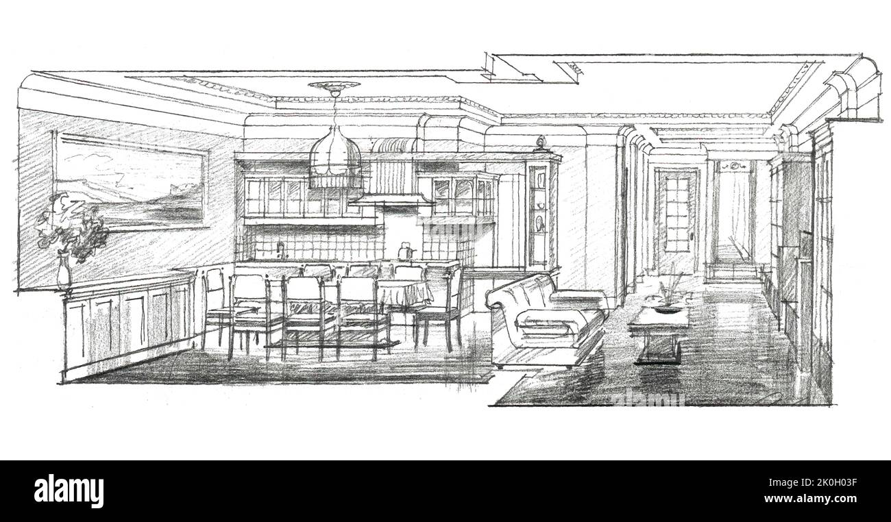 Pencil sketch of the interior of an apartment. Hand drawing, vector ...