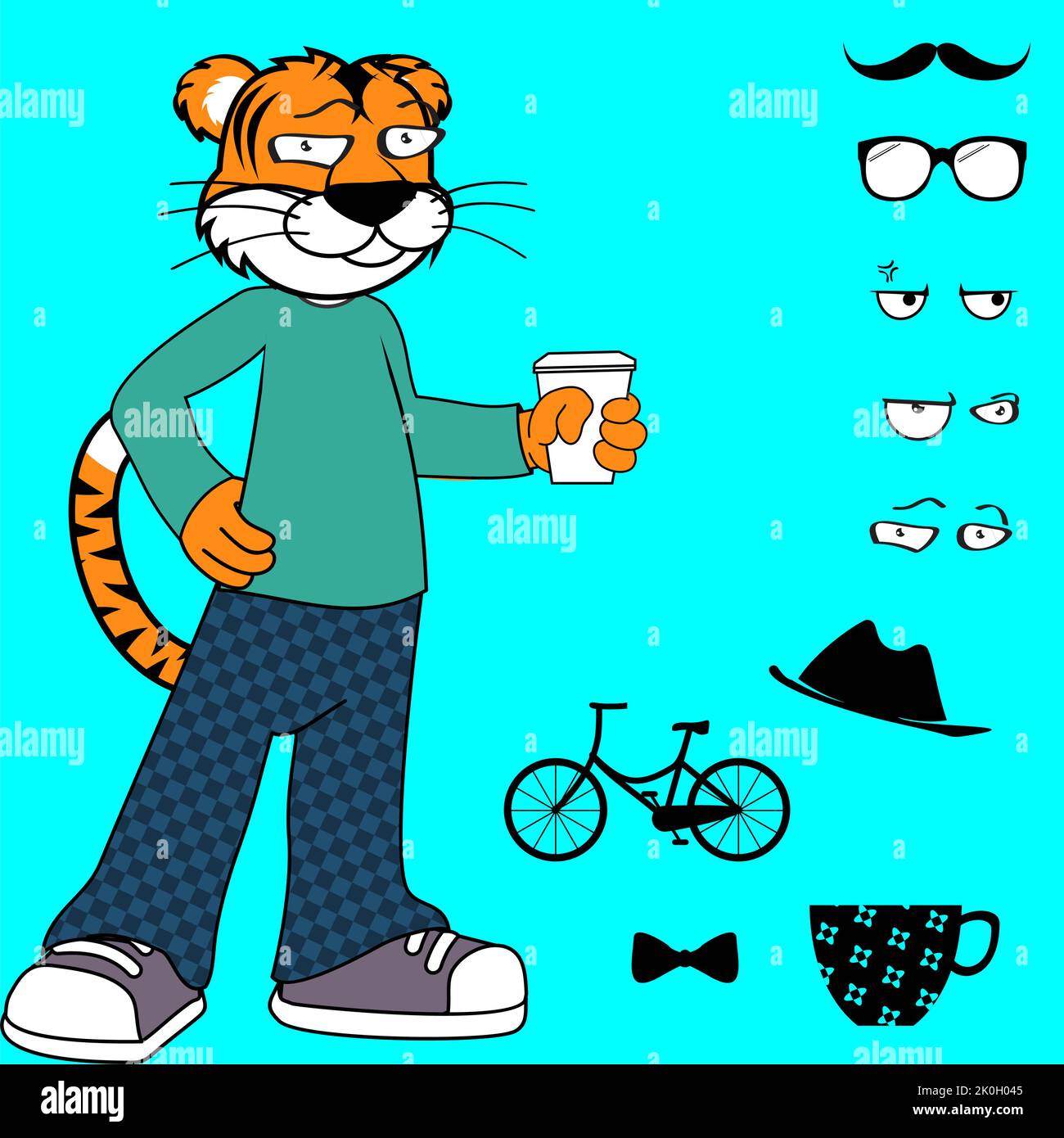 standing funny tiger cartoon hipster style illustration in vector ...
