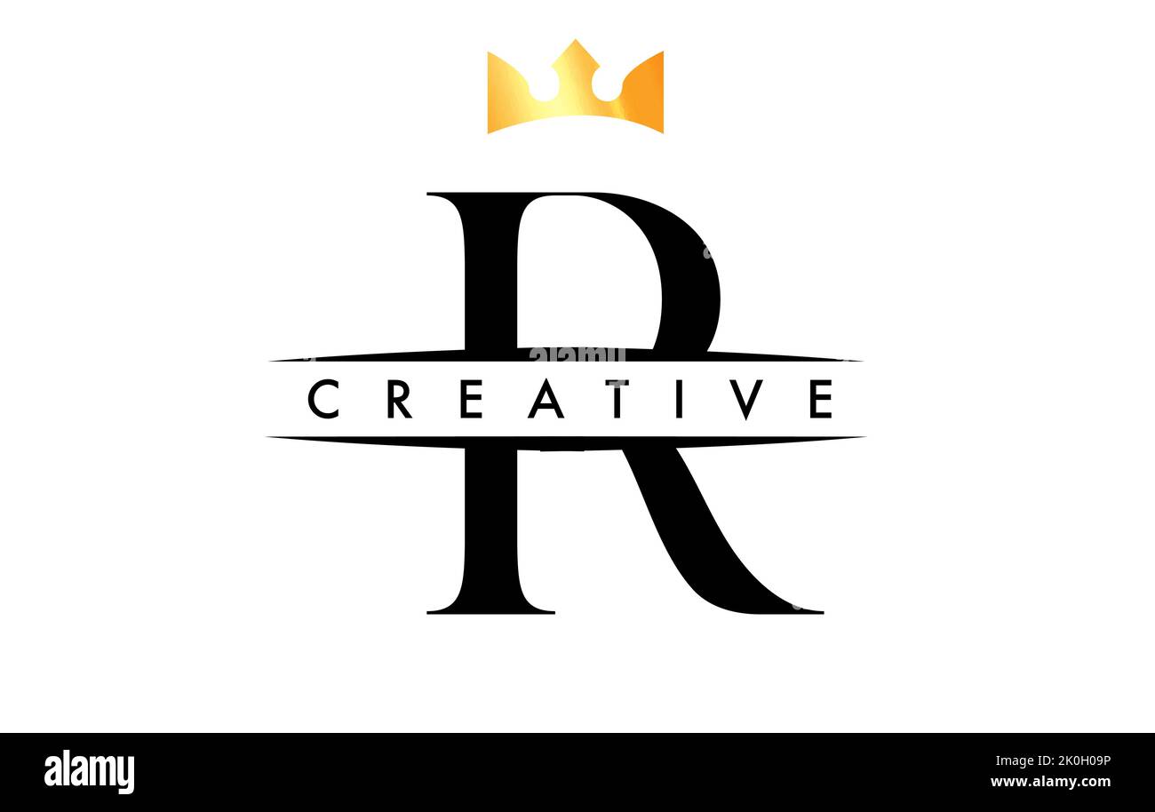 R Letter Logo with Creative Crown Design Icon and Golden Colors Vector ...