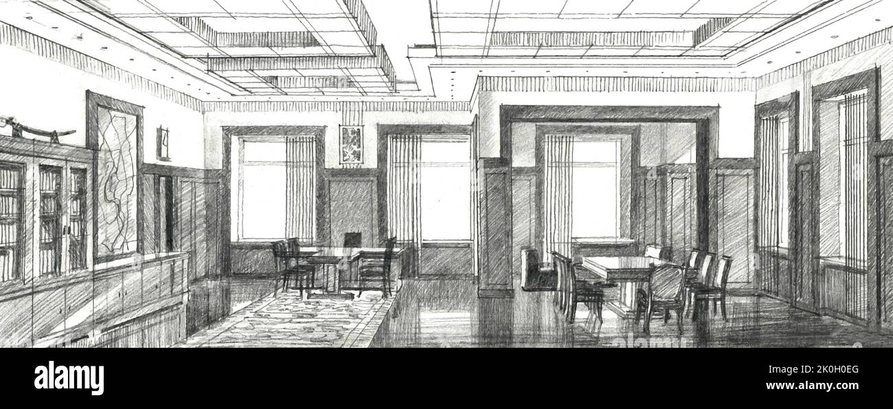 Pencil sketch of the interior of a public building. Meeting room ...