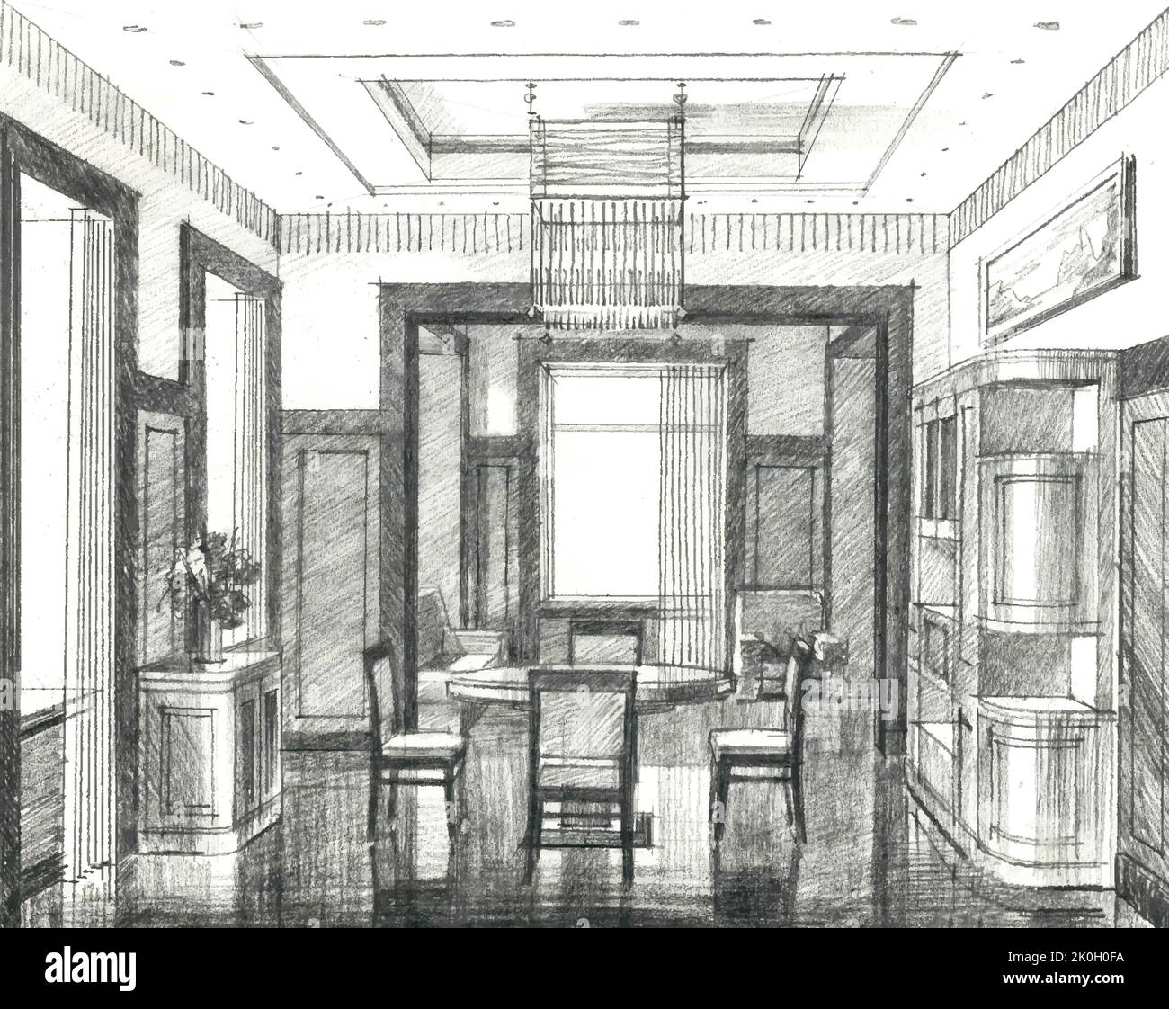 Pencil sketch of the interior of a public building. Meeting room ...