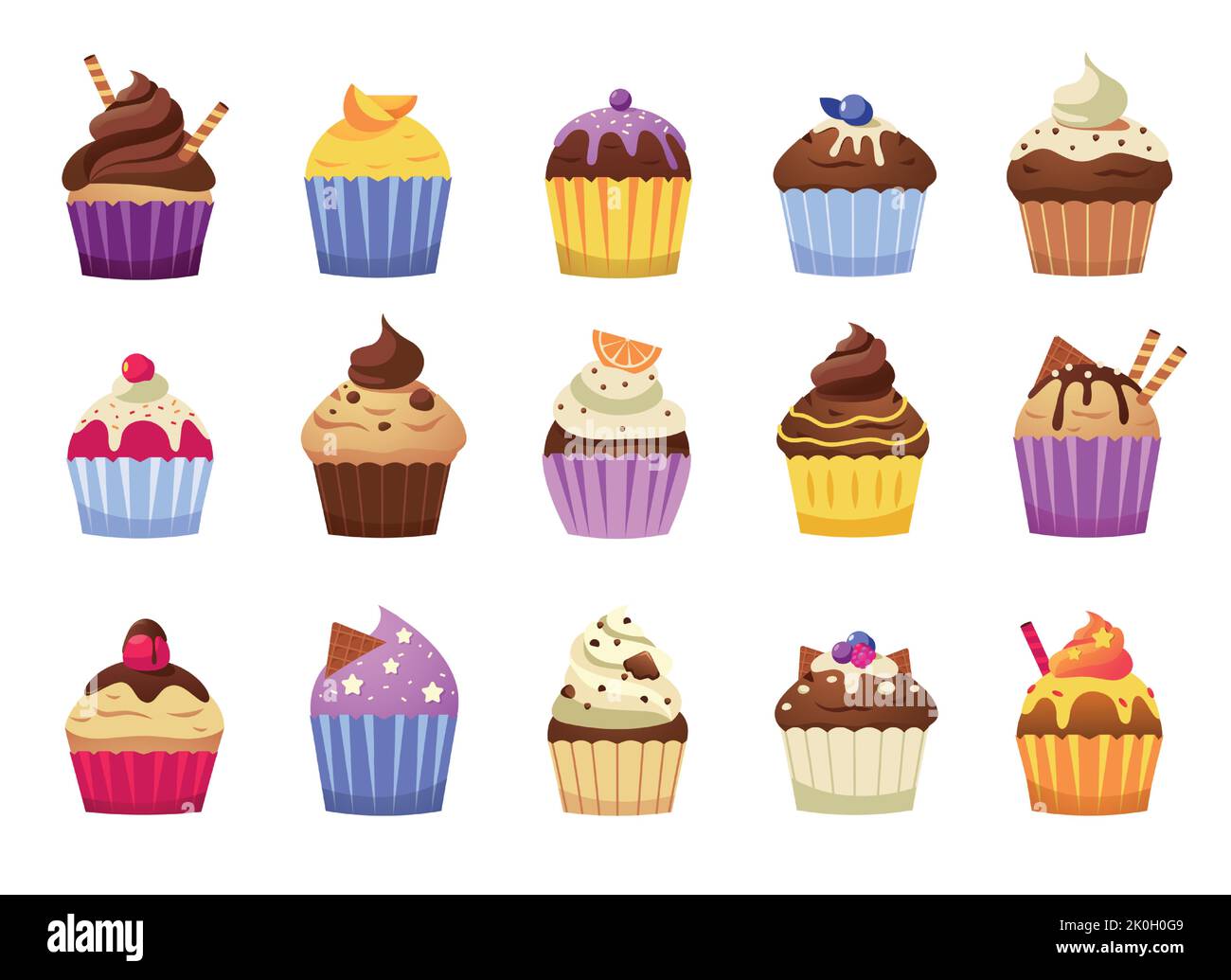 Cartoon muffins. Colorful sweet cupcakes with decoration chocolate ...