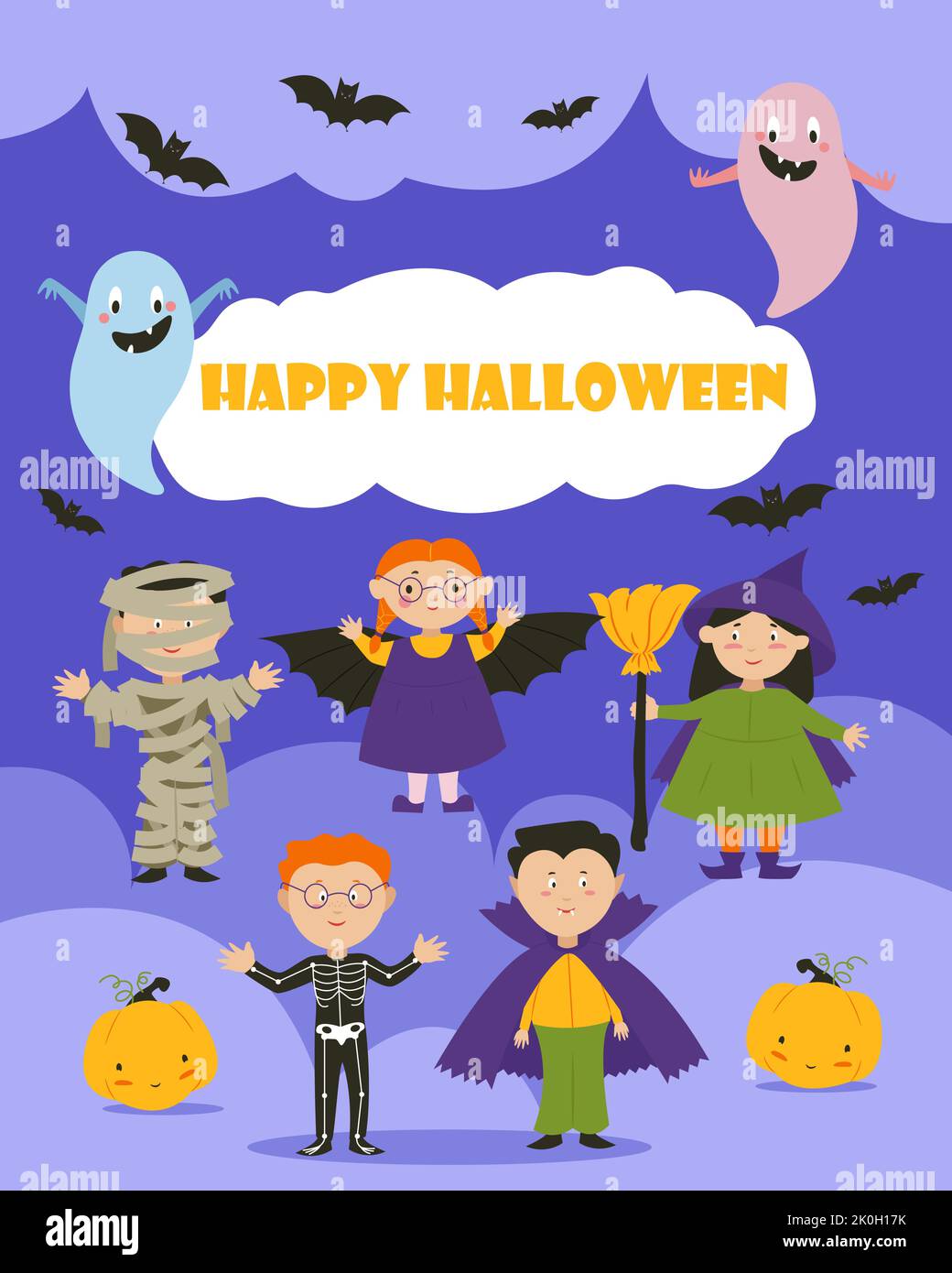 Postcard banner for Halloween, Children in costumes of ghosts and ...