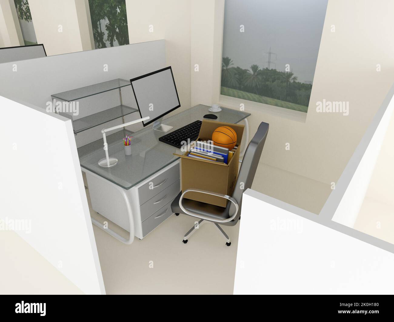 3d illustration of an empty personal work station, with a carton box ...