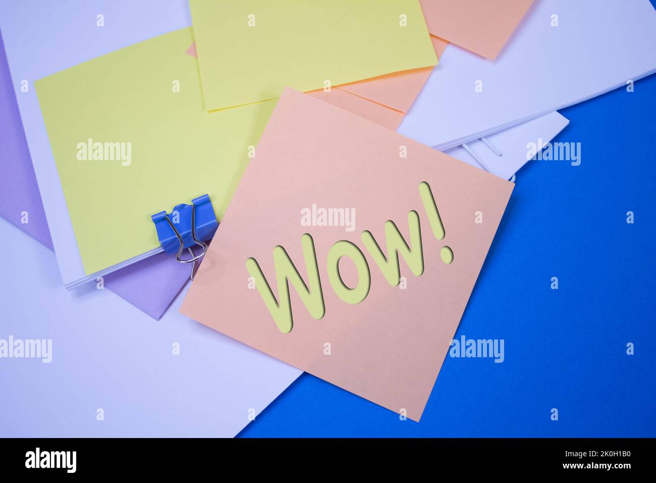 Wow. Text on adhesive note paper. Event, celebration reminder message ...