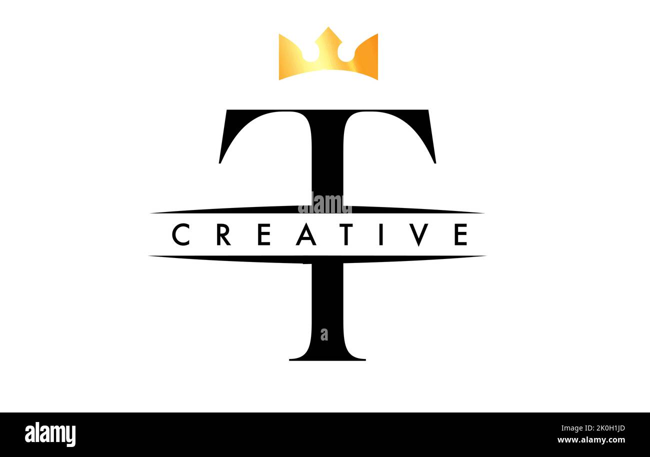 T Letter Logo with Creative Crown Design Icon and Golden Colors Vector ...