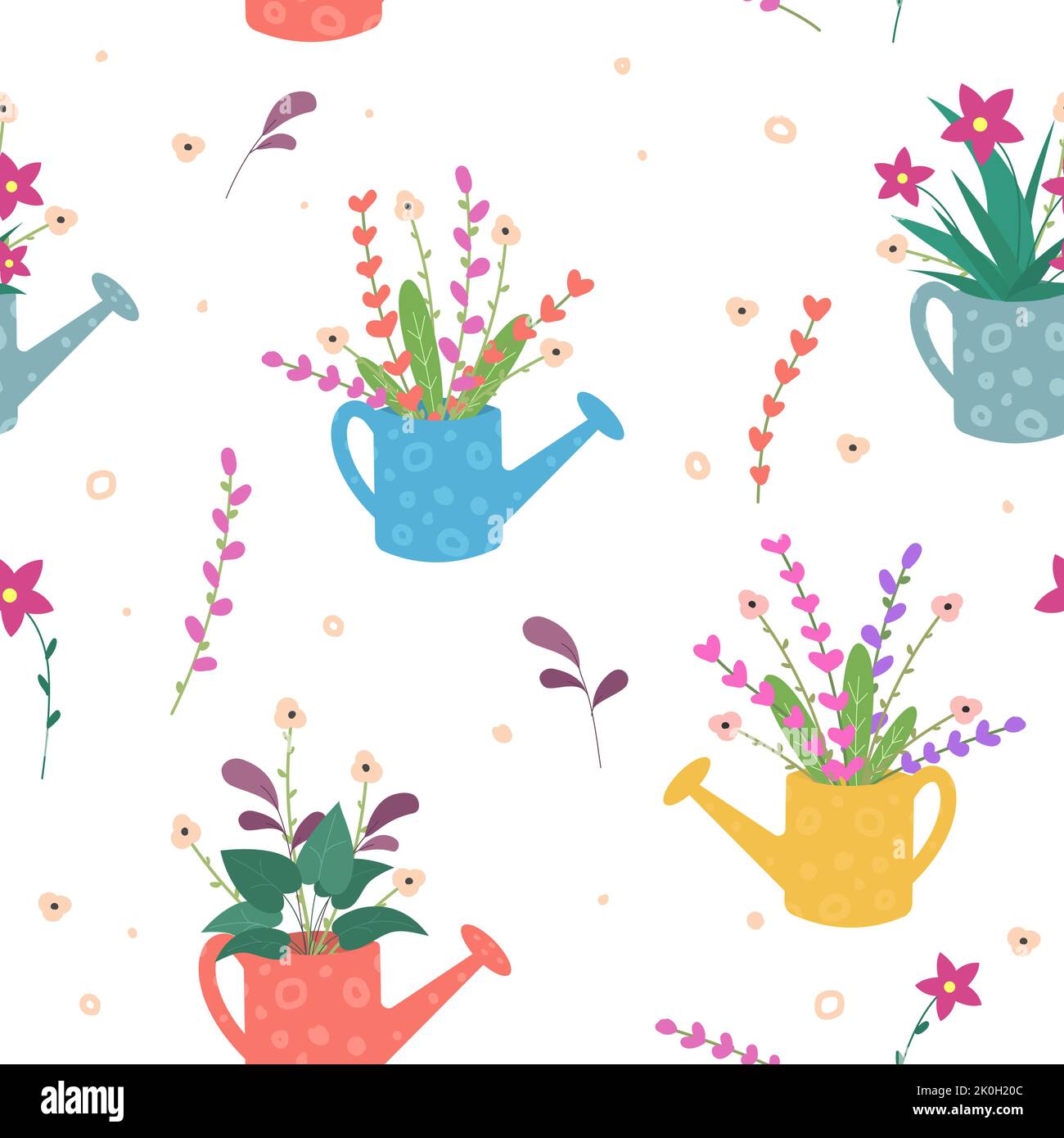 Seamless pattern garden watering can. Cute garden watering can with ...