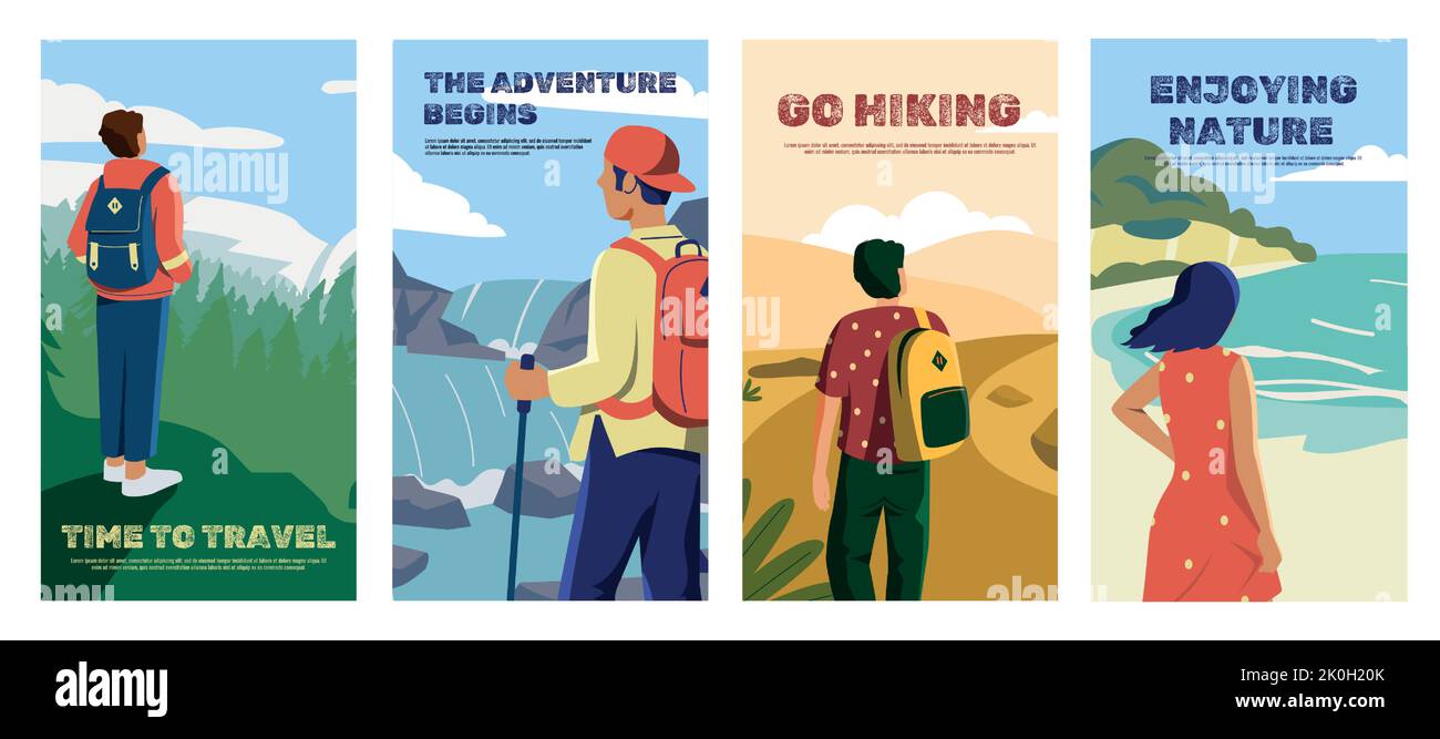 Travel and hiking posters. Cartoon people enjoying nature and look in ...