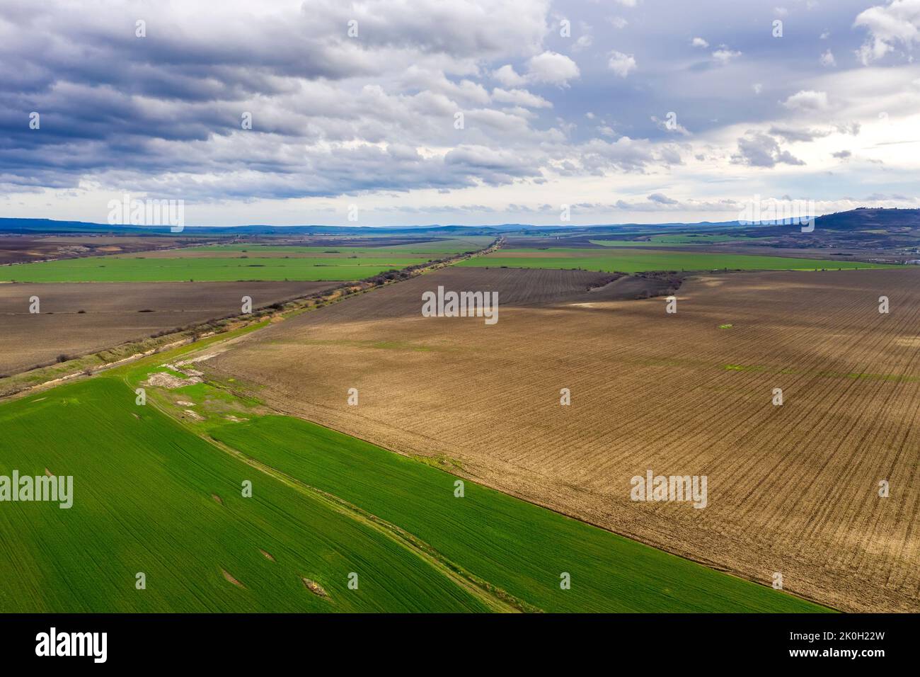 Amazing wide aerial view from drone of beautiful green countryside ...