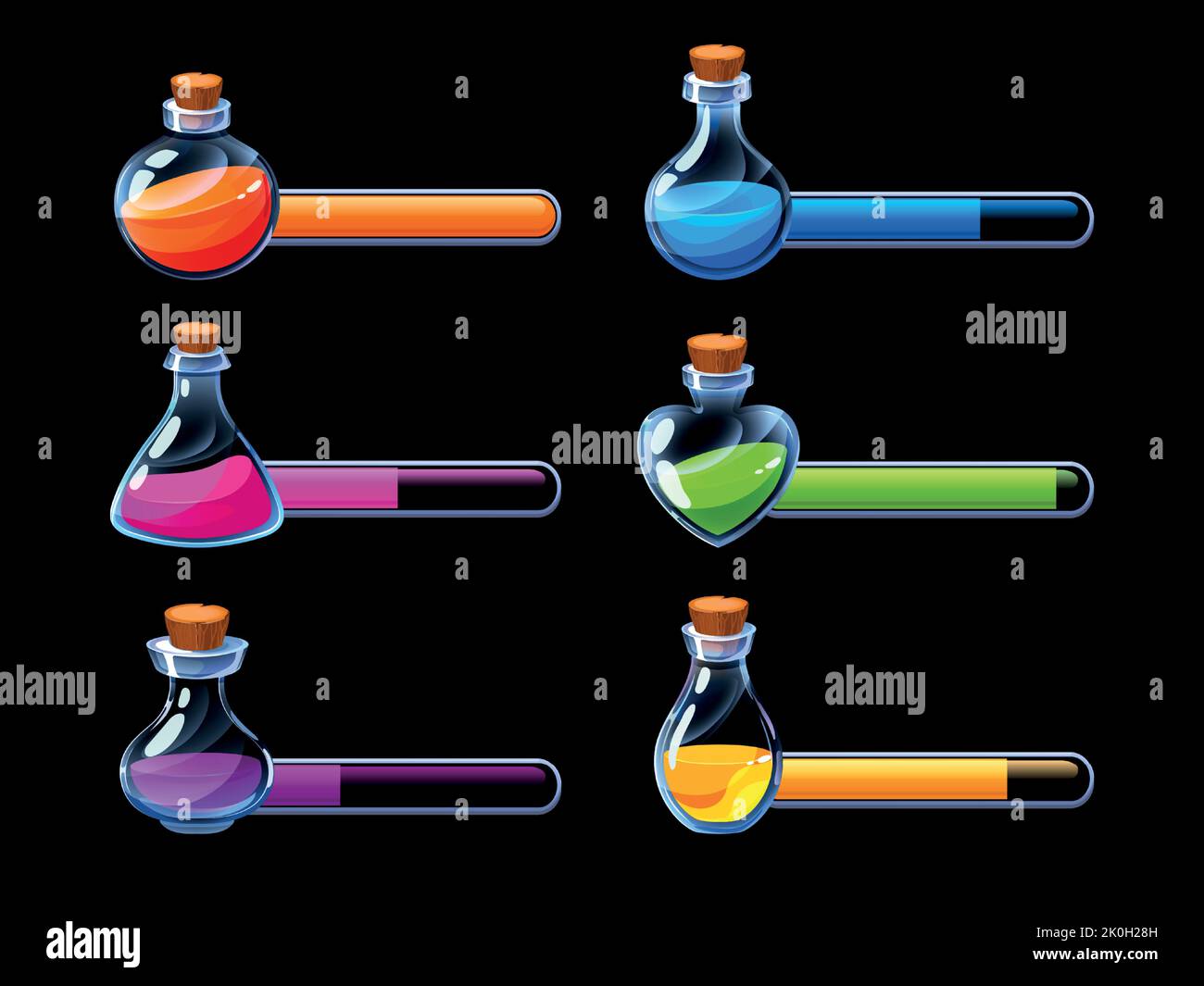 Potion progress bar. Life elixir bottles GUI asset, cartoon poisoning ...
