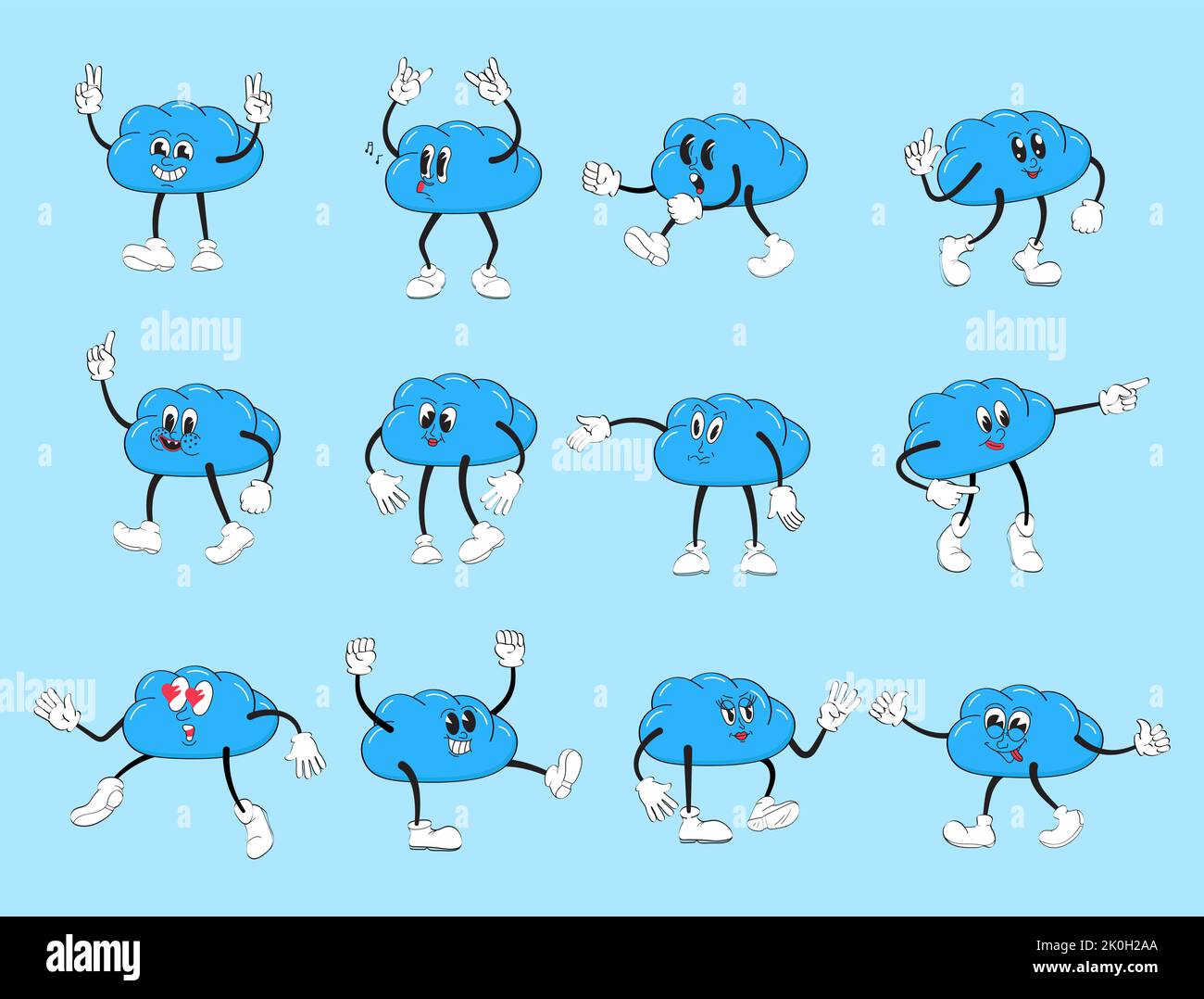 Cloud mascot in retro style. Planet with gloved hands. Sky sticker pack ...