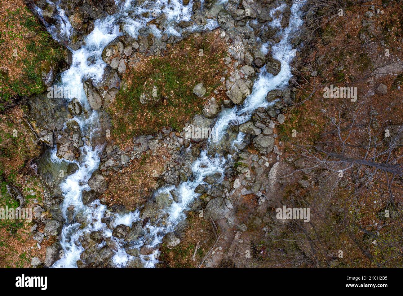 Top view from drone of two rapids of mountain river with stones. nature ...