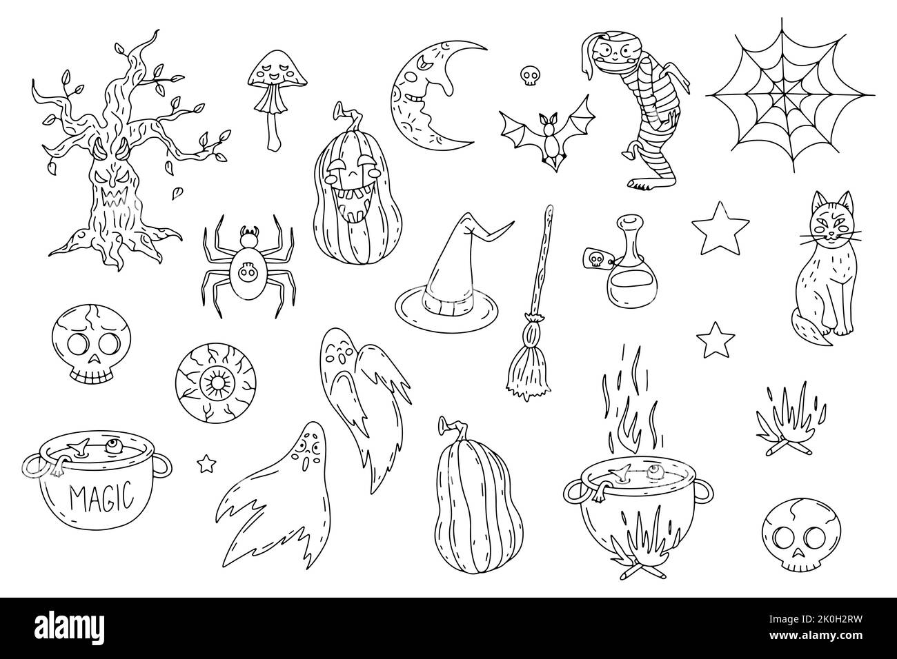 Hand drawn line art sute Halloween illustrations set on white ...