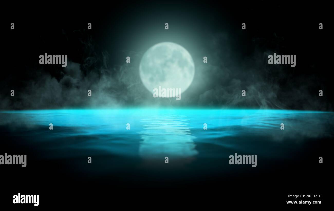 Moon in the dark. Smoke and mist on water surface. Abstract Halloween ...