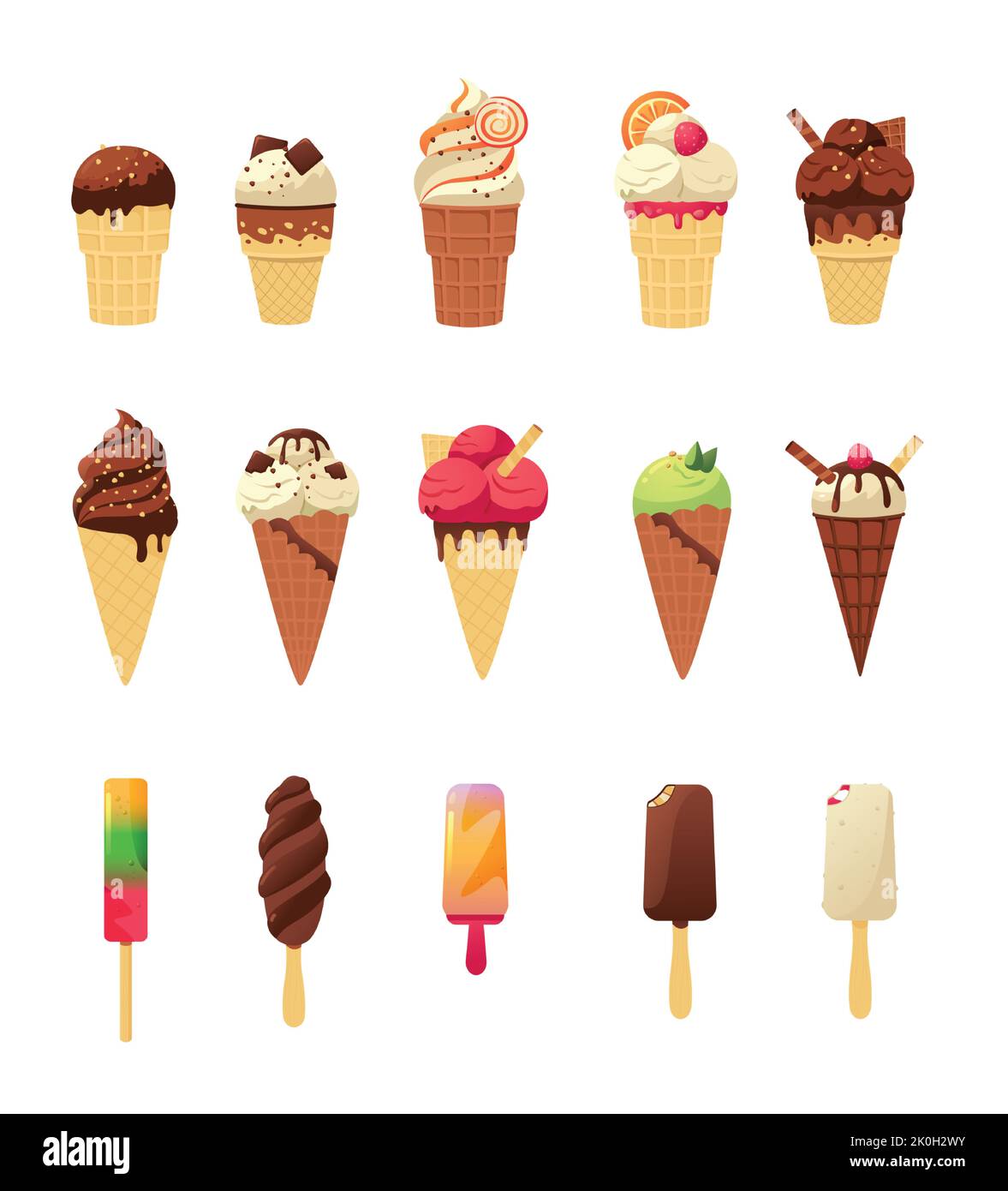 Cartoon ice cream. Cute colorful summer sweet cold dessert of various ...