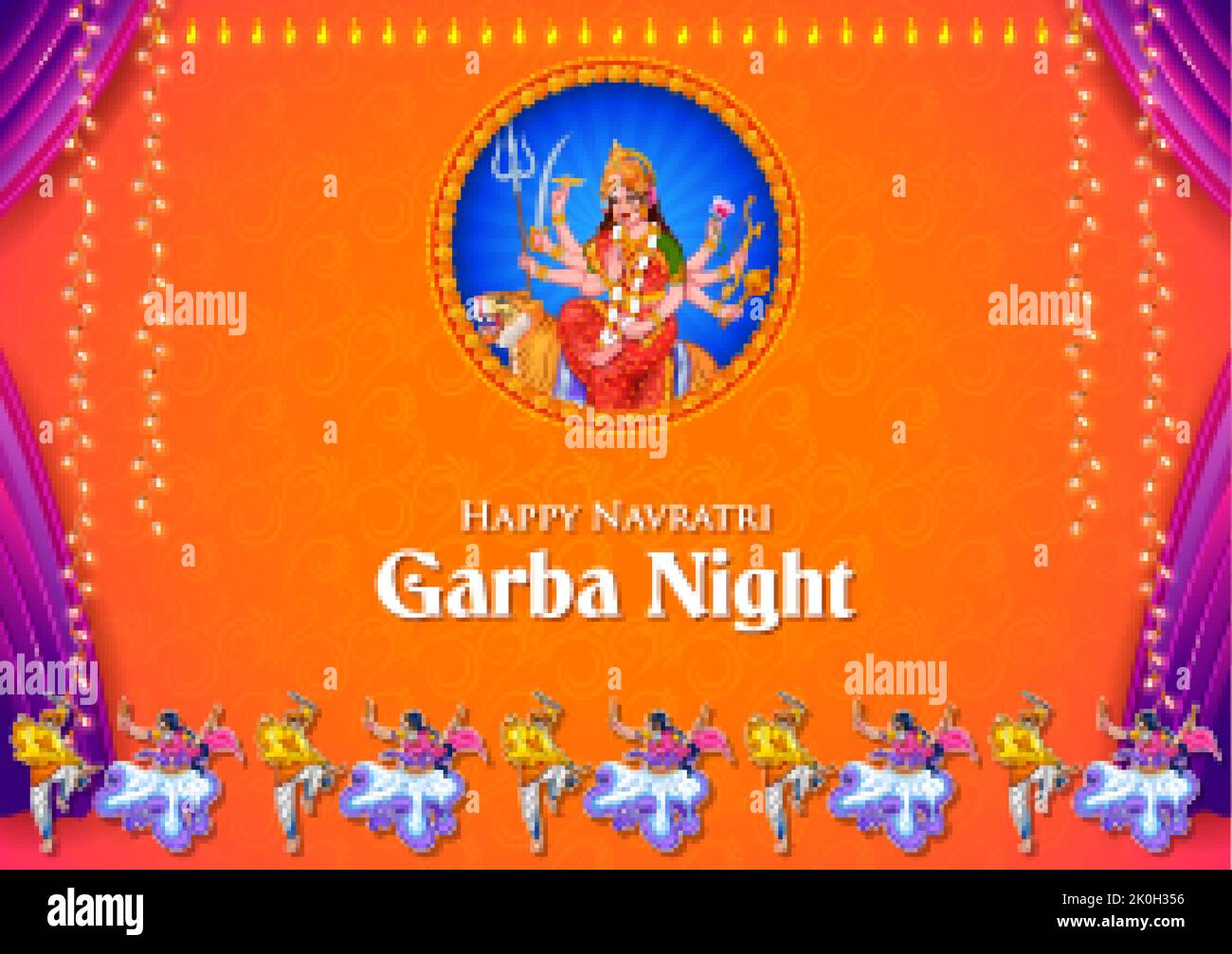 illustration of couple playing Dandiya in disco Garba Night banner ...