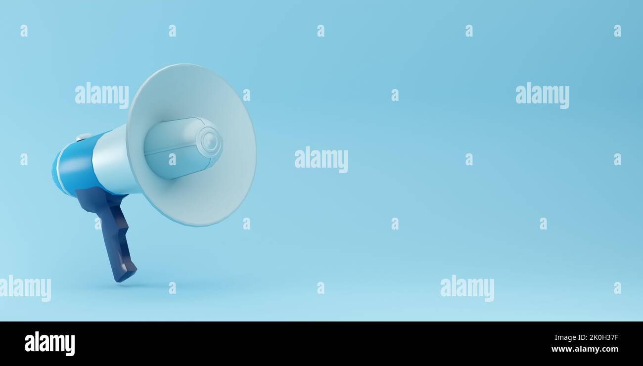 Blue megaphone loudspeaker on blue background with copy space. 3D ...