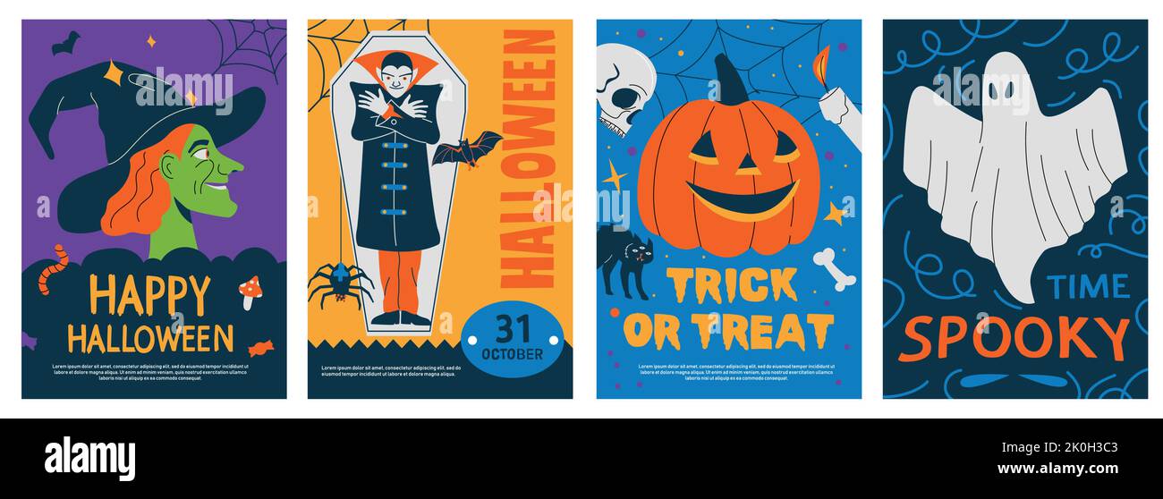 Halloween posters. Abstract art prints scary traditional symbols and ...