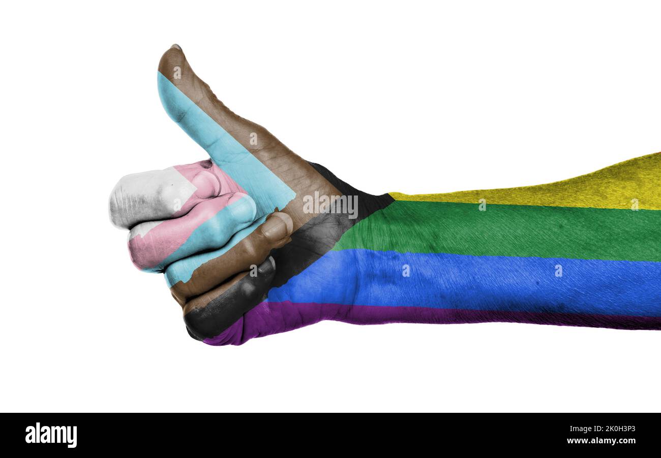 Thumbs up, isolated on white - Progress LGBTQ rainbow flag Stock Photo ... Thumbs up, isolated on white - Progress LGBTQ rainbow flag Stock Photo ...