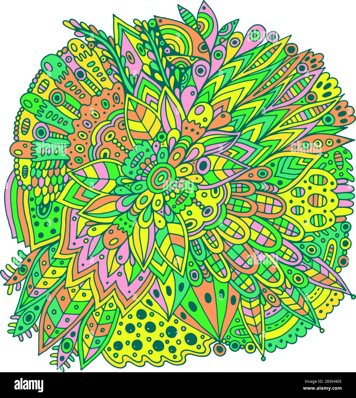 Floral mandala with flowers and leaves. Doodle line art multicolor ...