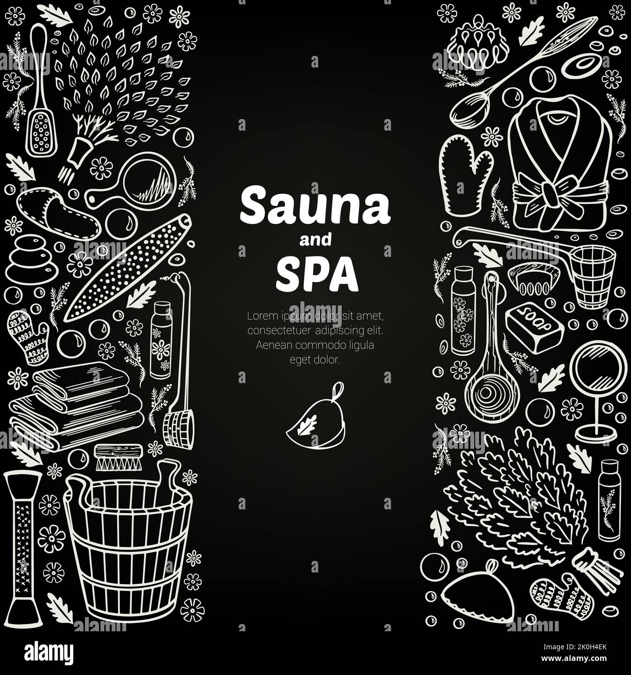 Sauna, spa and bath amenities. Sketch of items in doodle style ...