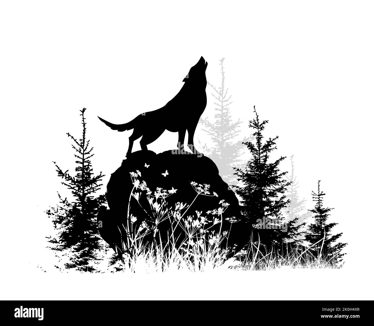 Silhouette of a wolf howling in the forest. Vector illustration Stock ...