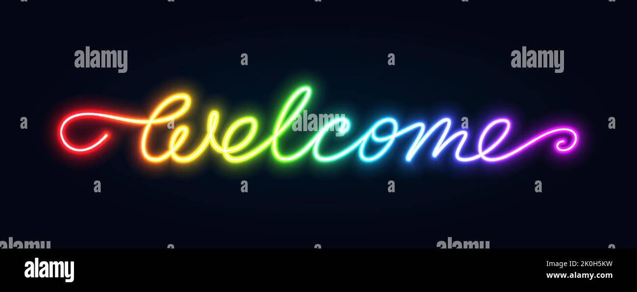 Welcome neon title with glowing backlight. Night bright rainbow ...