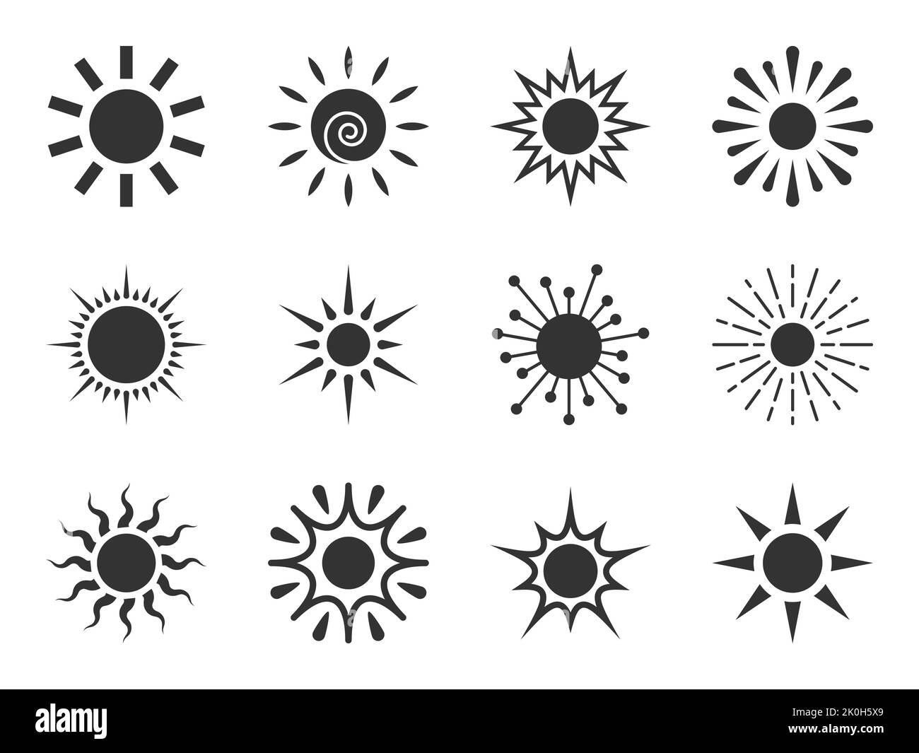 Sun flat icon set. Various shape sunshine star. Cartoon summer sunlight ...