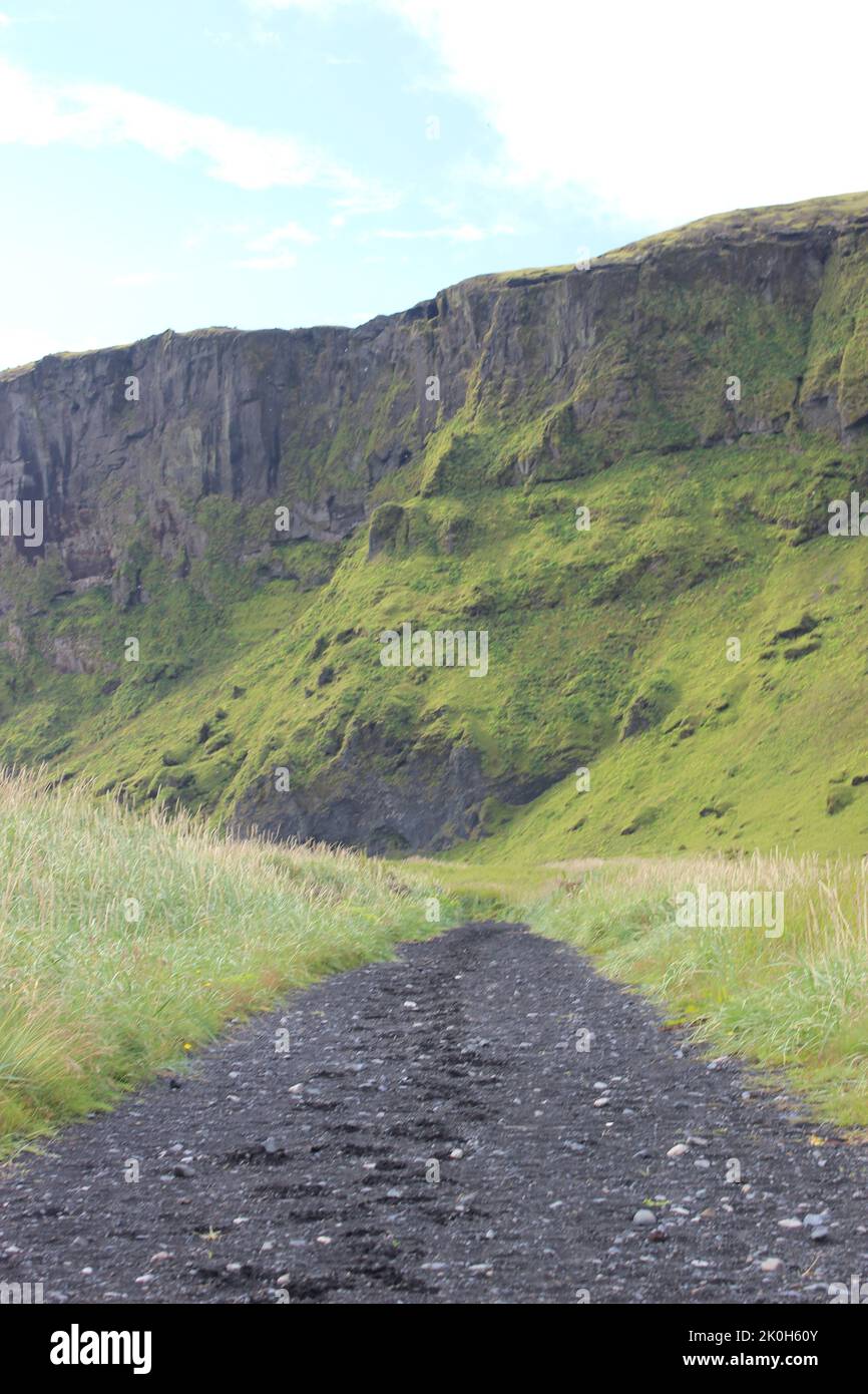 A vertical shot of a path with grass on both sides leading to mountains ...