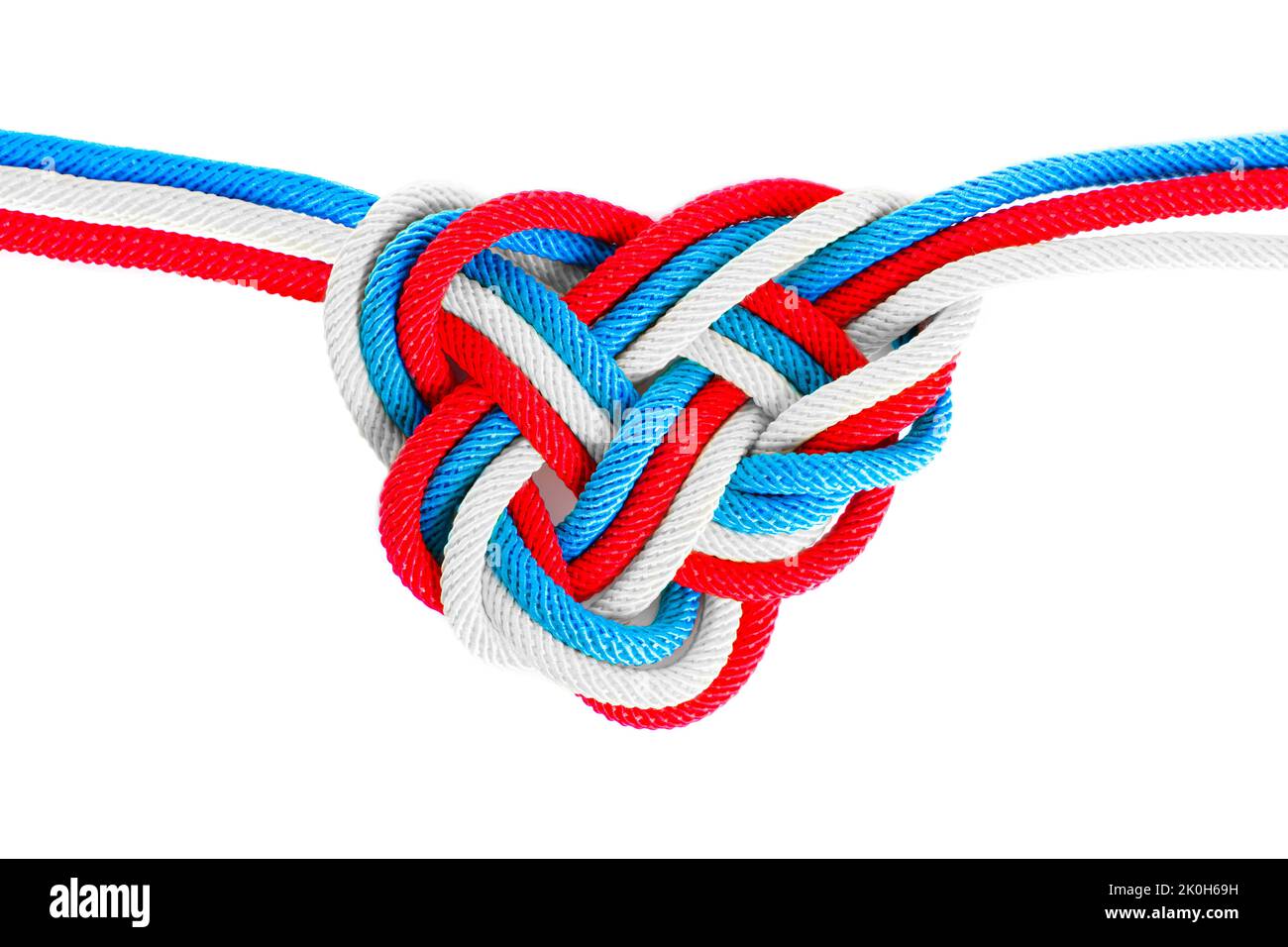Heart-shaped celtic knot made from braided cords dyed white, blue and ...