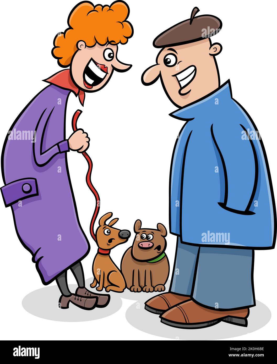 Cartoon illustration of two dog owners chatting while walking with ...