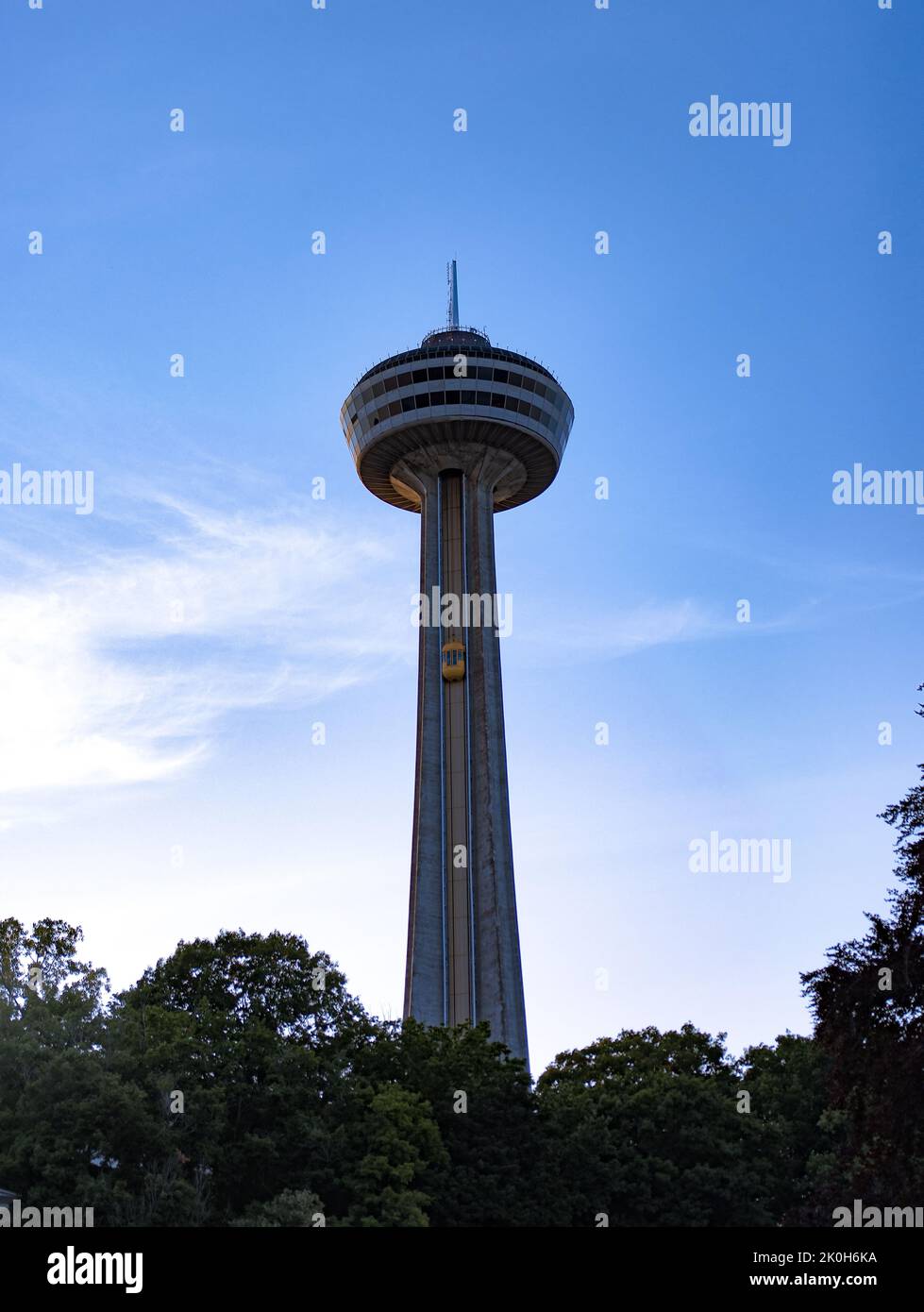 A vertical shot of the Skylon Tower observation deck in Niagara Falls ...