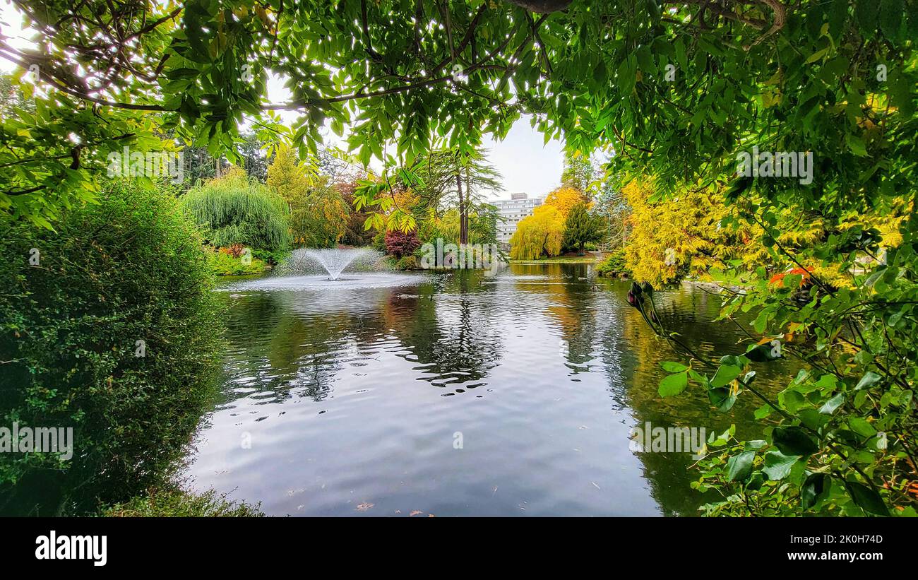 A fresh scenery of a small pond with a fountain in the park Stock Photo ...