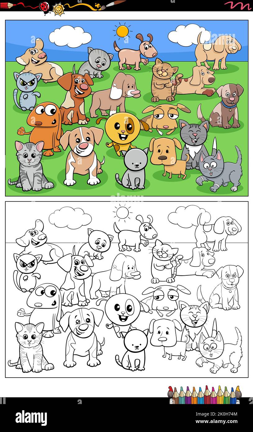 Cartoon illustration of puppies and kittens animal characters group ...