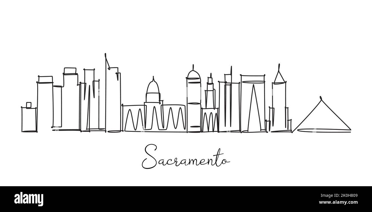 Single continuous line drawing of Sacramento city skyline US. Famous ...