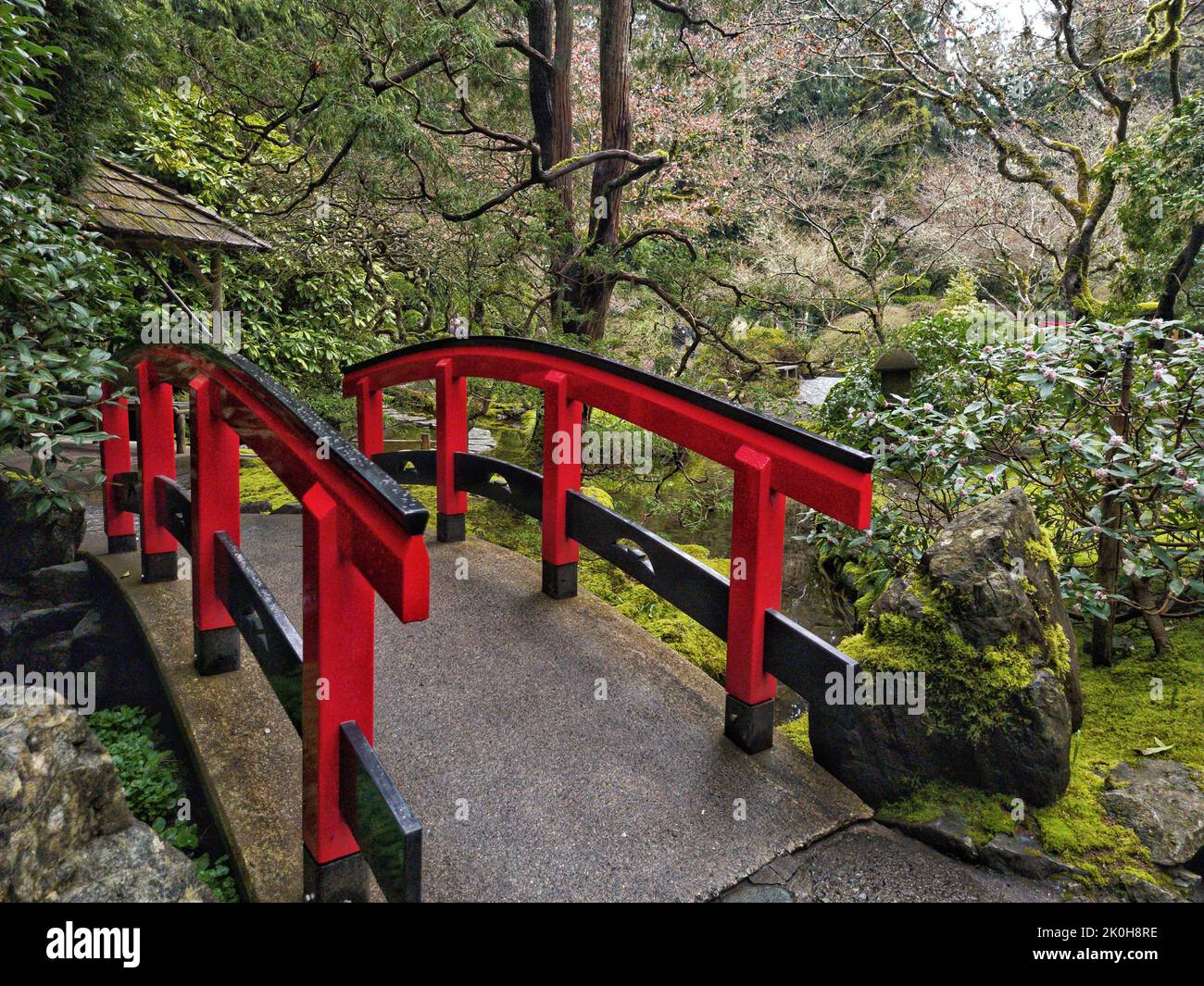 A beautiful walkway, bridge, and garden landscape in a park Stock Photo ...