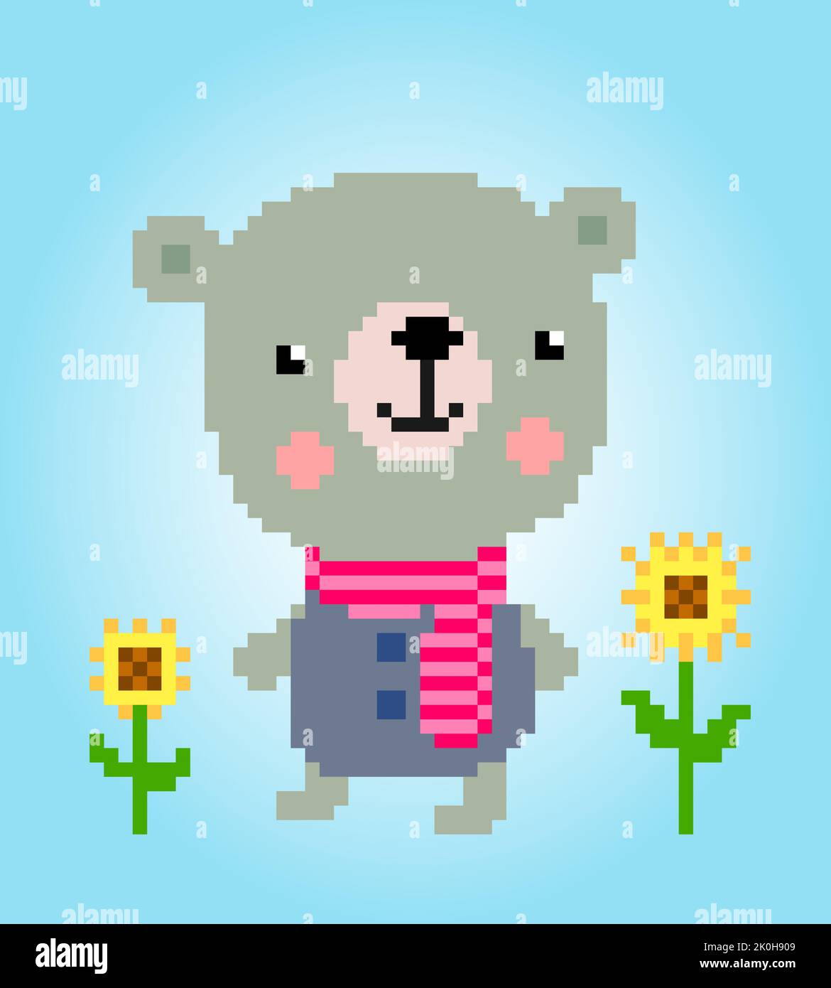 Pixel 8 bit cute bear with flowers. Animal game assets in vector illustration Stock Vector Image ...