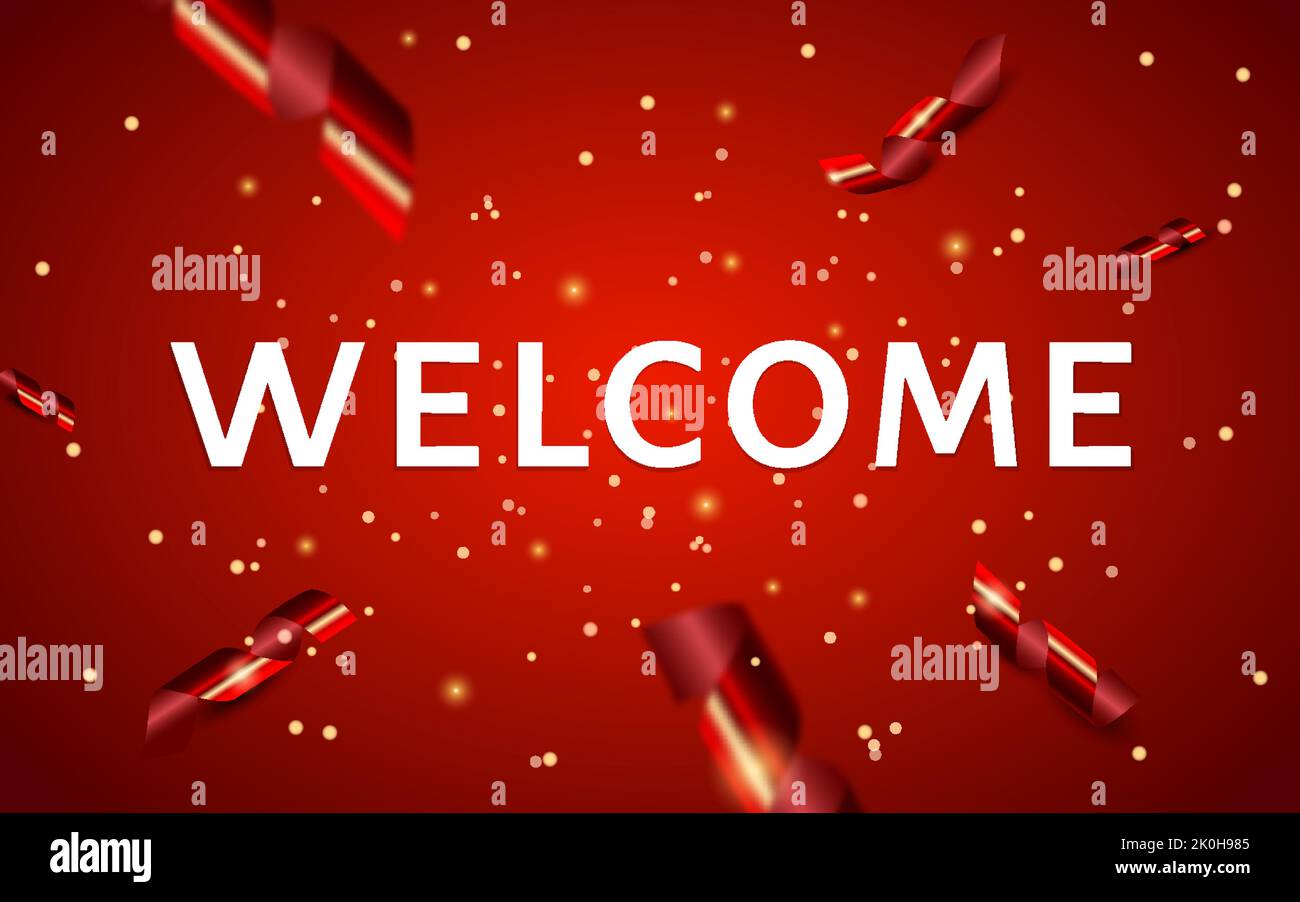 Welcome festive realistic gorgeous banner red flat. Ribbon serpentine ...