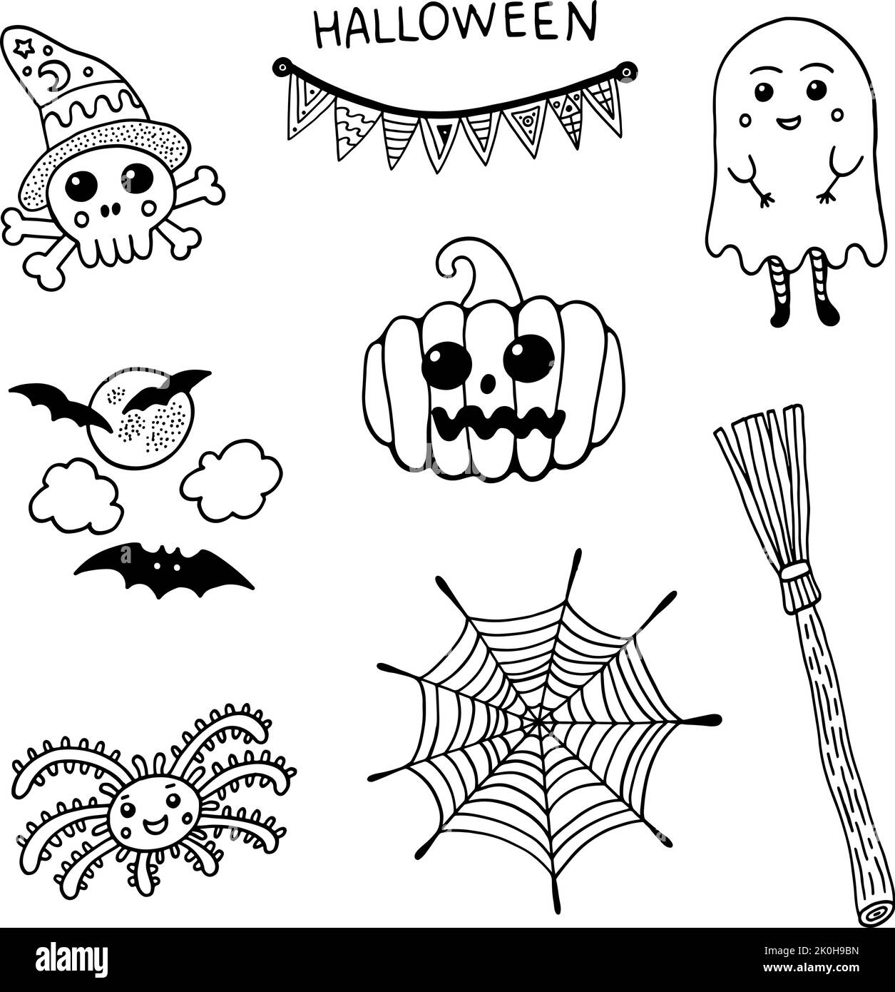 Halloween set of doodle cute stickers - ghost, pumpkin, spider, skull ...